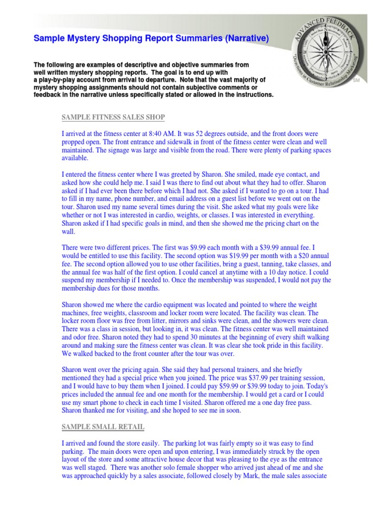 Sample Mystery Shopping Report Summaries (Narrative | PDF | Menu | Hors ...