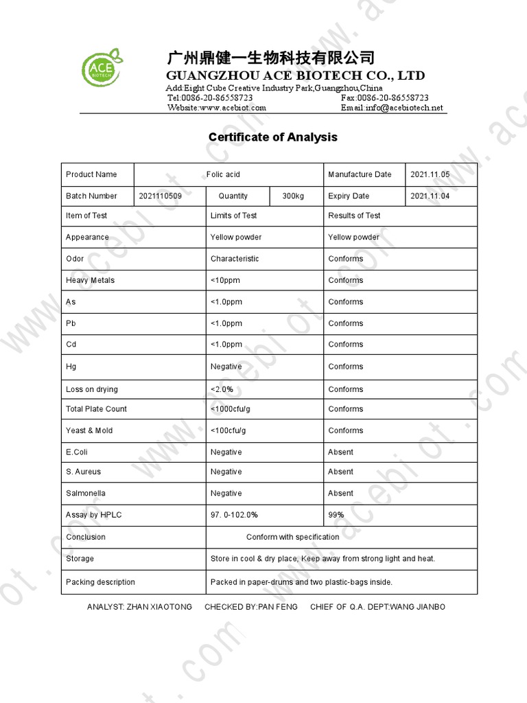 COA of Folic Acid | PDF | Chemistry