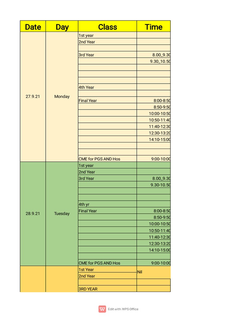 Schedule Of Classes Lectures And Clinical Teaching Sessions For