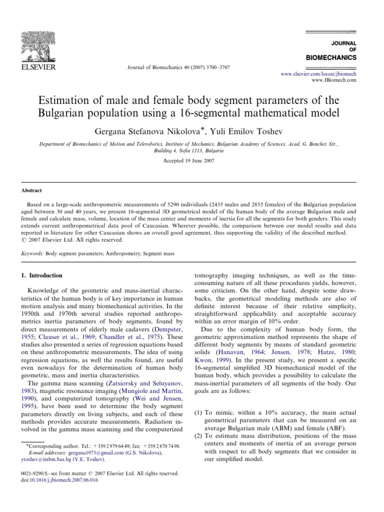 Estimation of Male and Female Body Segment Parameters of The | PDF | Standard Deviation ...