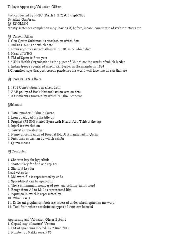 FPSC MCQs | PDF | Pakistan | Quran