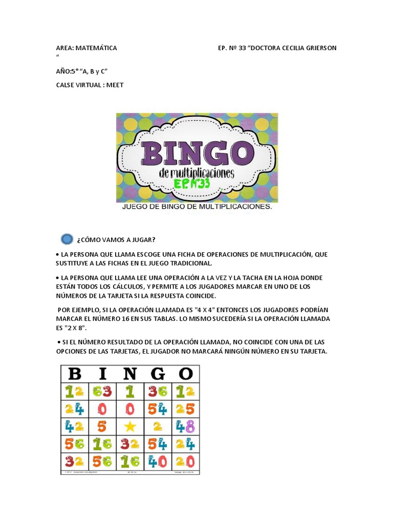 Bingo de Multiplicaciones para Imprimir | PDF
