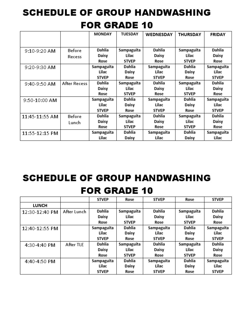 Grade 10 Handwashing Schedule | PDF