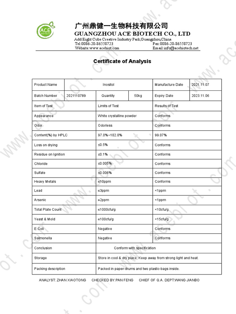 Guangzhou Ace Biotech Co., LTD: Certificate of Analysis | PDF | Atoms ...