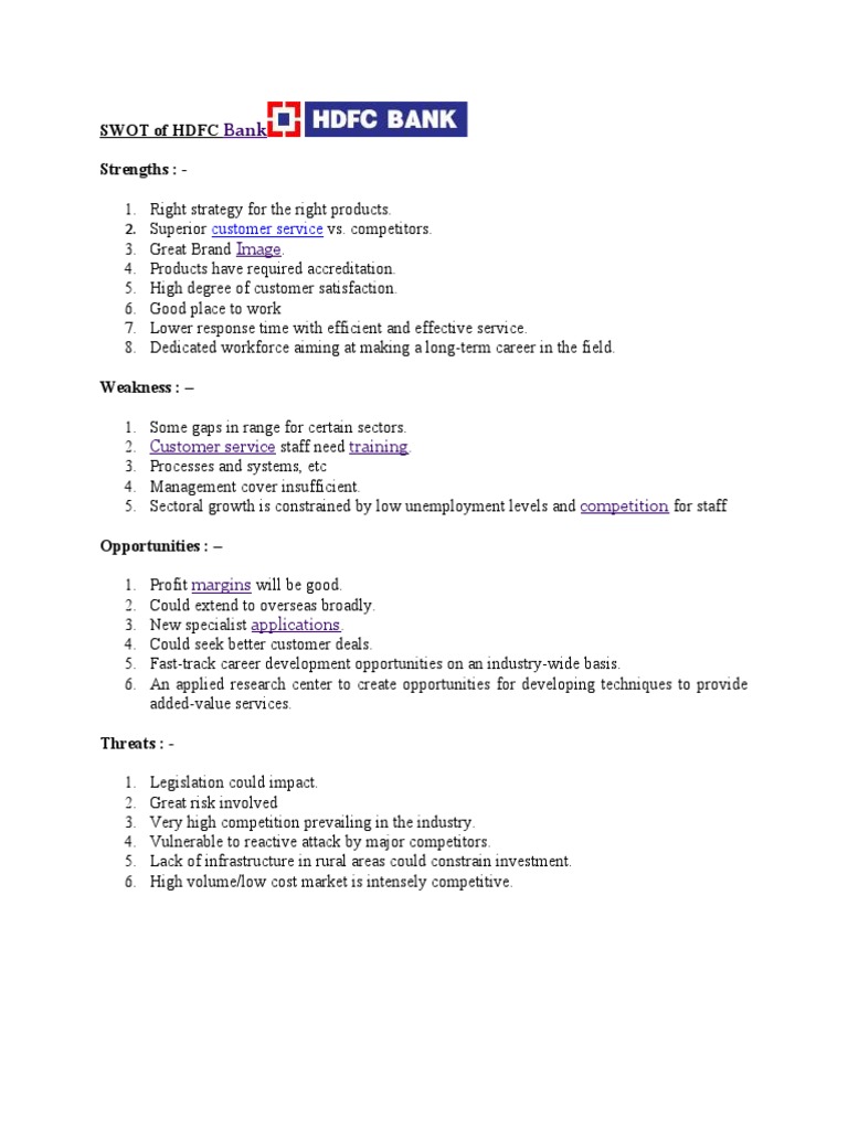 Swot of HDFC Bank | PDF | Business
