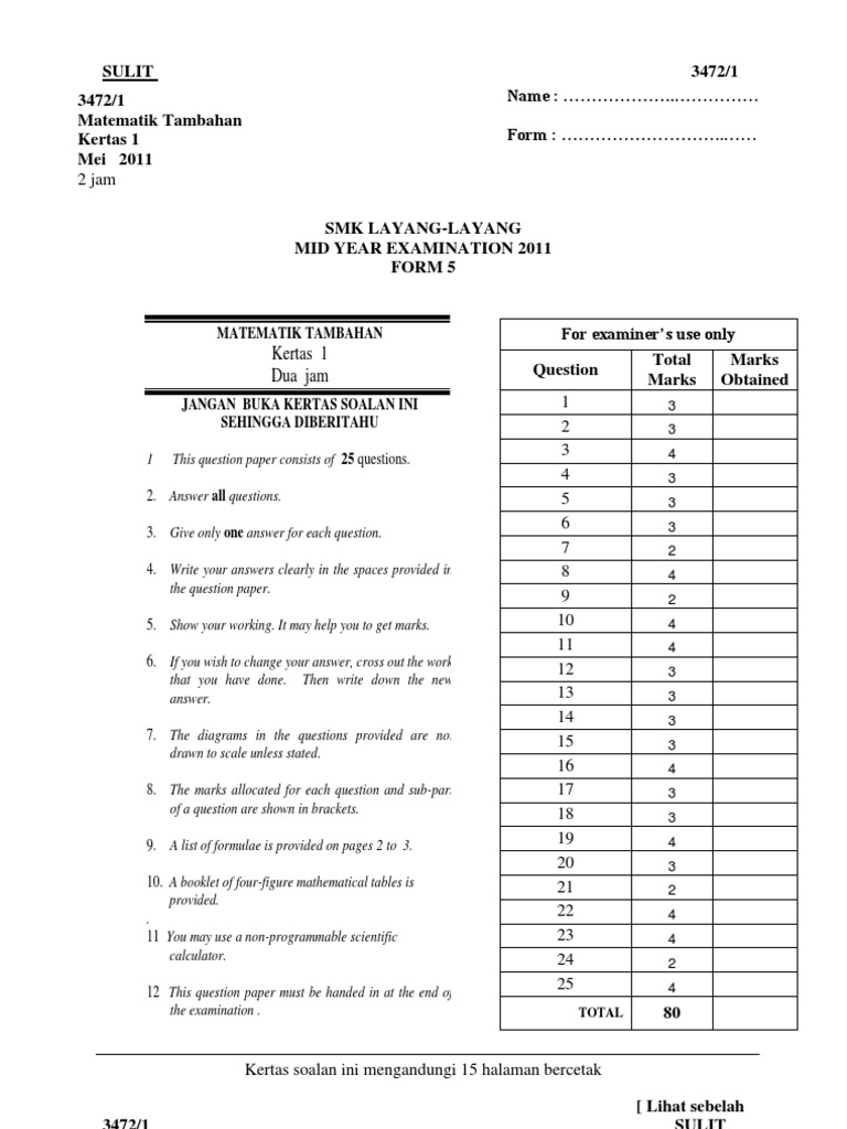 Add Maths Paper 1 Midyear f52011 | PDF | Cartesian Coordinate System ...