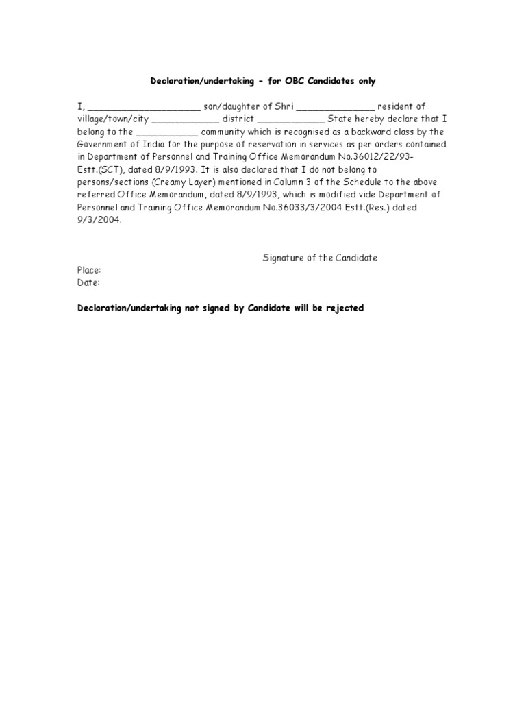 Obc Declaration Form | PDF | Magistrate | Politics Of India