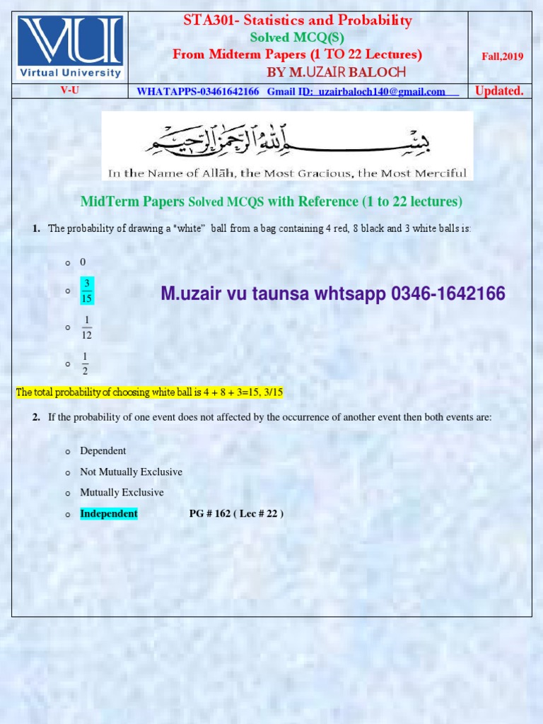 STA301-MidTerm MCQs Solved by Uzair | PDF | Mean | Level Of Measurement STA301-MidTerm MCQs Solved by Uzair | PDF | Mean | Level Of Measurement