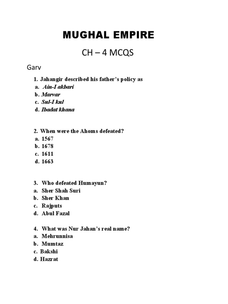 Mughal Empire Quiz for Students | PDF | Mughal Empire | Timurid Dynasty