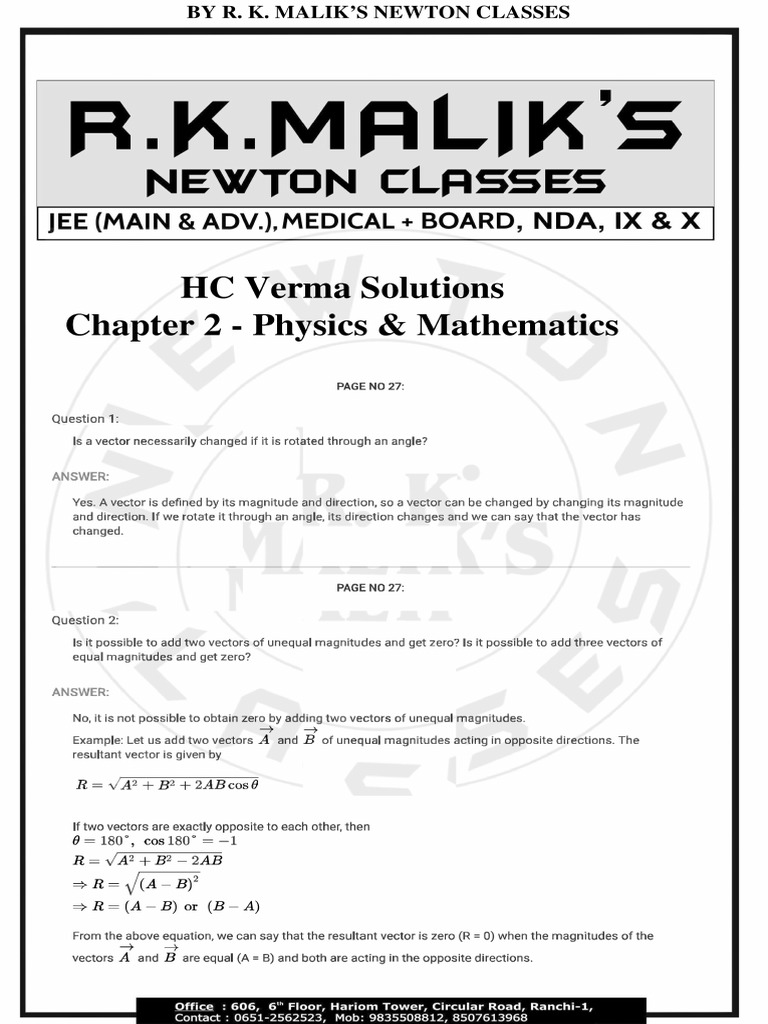 Chapter 2 From Textbook HC Verma 1 For Class 12 PHYSICS - 1 | PDF