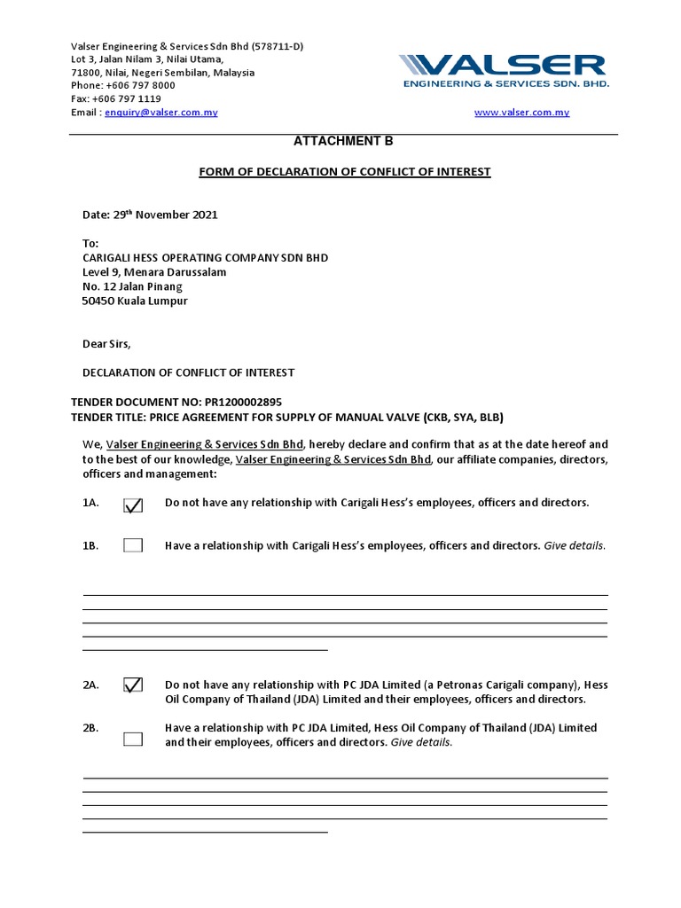 Form of Declaration of Conflict of Interest: Attachment B | PDF ...