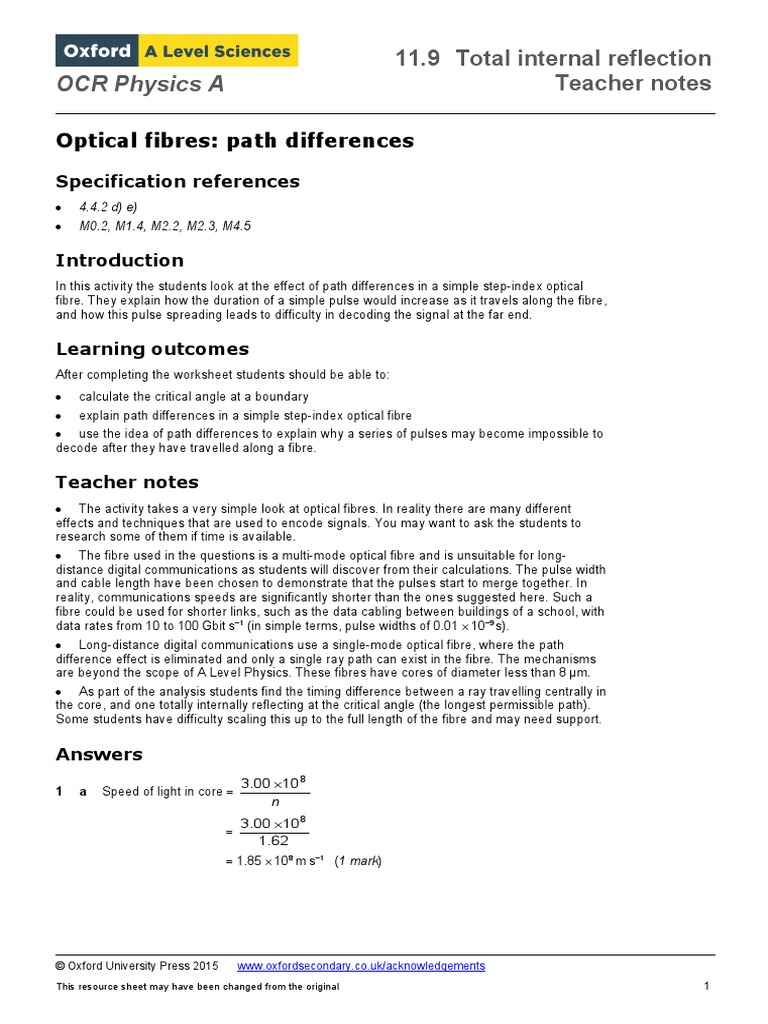 OCR Physics A: Optical Fibres: Path Differences | PDF | Optical Fiber ...