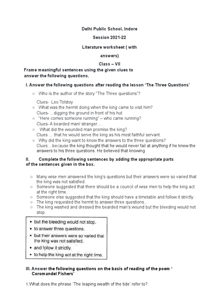 Class 7 English Literature Worksheet | PDF