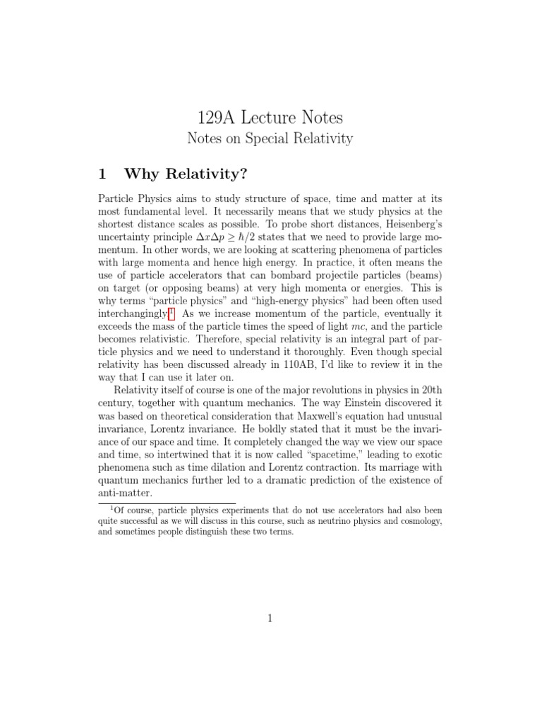 129A Lecture Notes: Notes On Special Relativity 1 Why Relativity? | PDF ...
