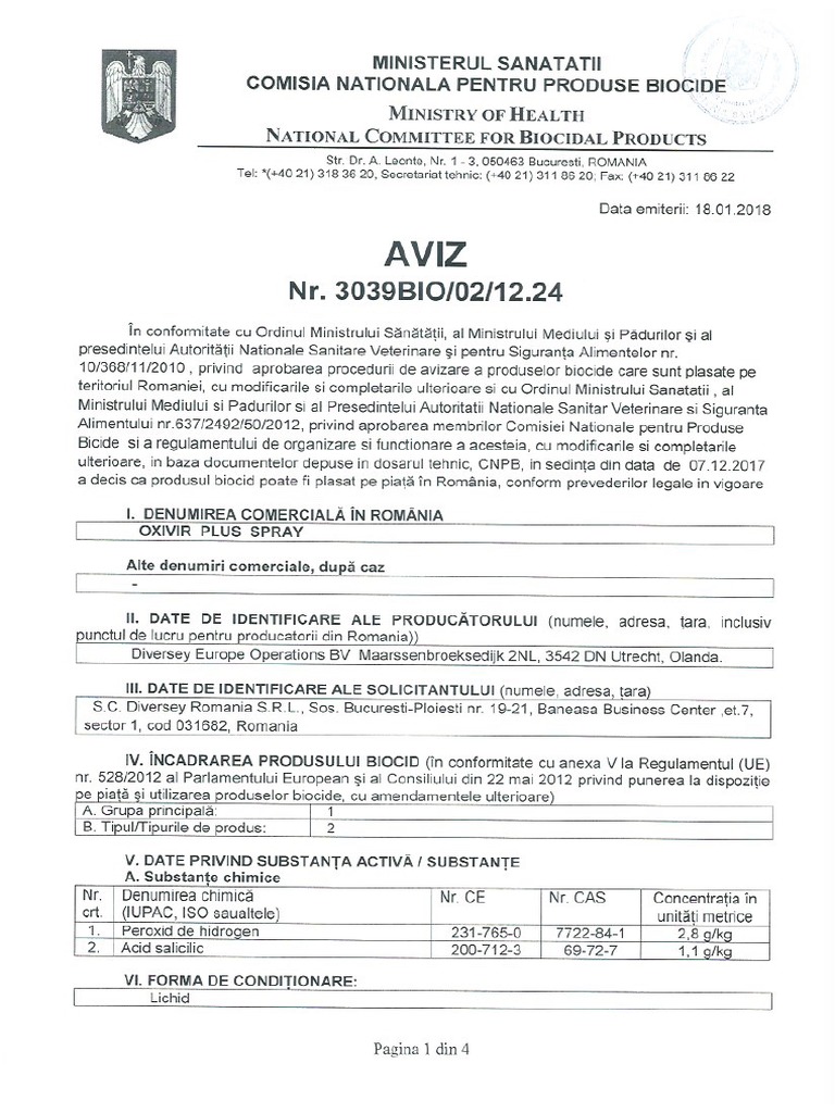 OXIVIR PLUS Spray Aviz Nr. 3039BIO-02-12.24 - Unitati Sanitare Preluat ...