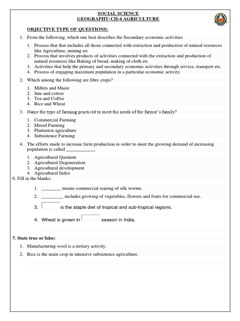 Social Science Geography-Ch-4 Agriculture Objective Type of Questions ...