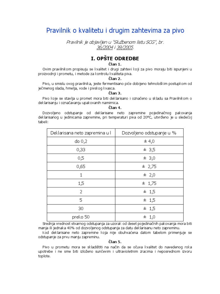 Pravilnik o Kvalitetu I Drugim Zahtevima Za Pivo | PDF