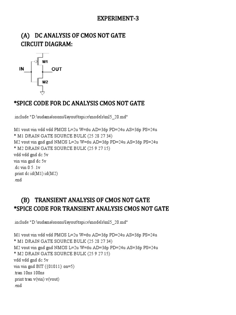 Experiment-3 (A) DC Analysis of Cmos Not Gate Circuit Diagram | PDF
