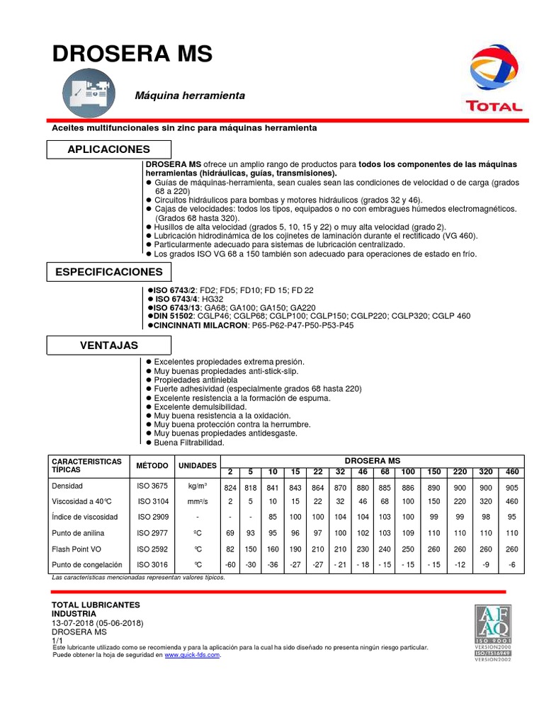 Aceites DROSERA MS para máquinas herramienta | PDF | Herramienta de ...
