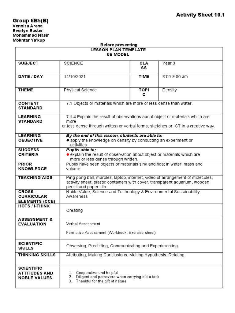 Activity Sheet 10.1 Lesson Plan Template - 5E Model | PDF | Density ...