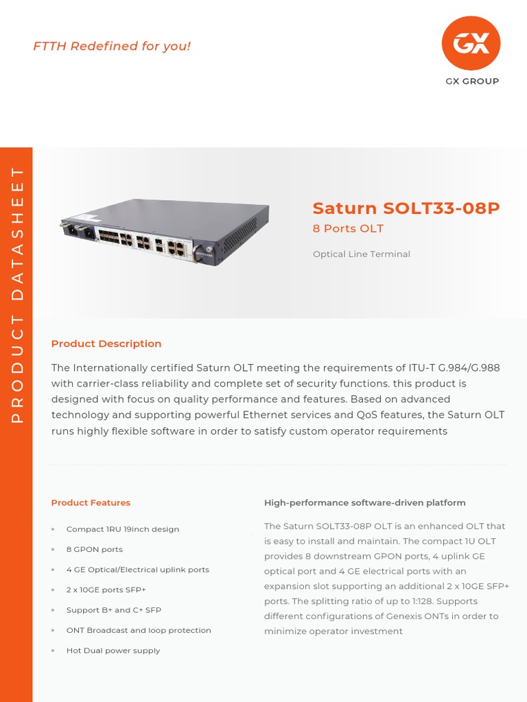 Saturn SOLT33-08P: FTTH Redefined For You! | PDF | Internet | Telecommunications Standards