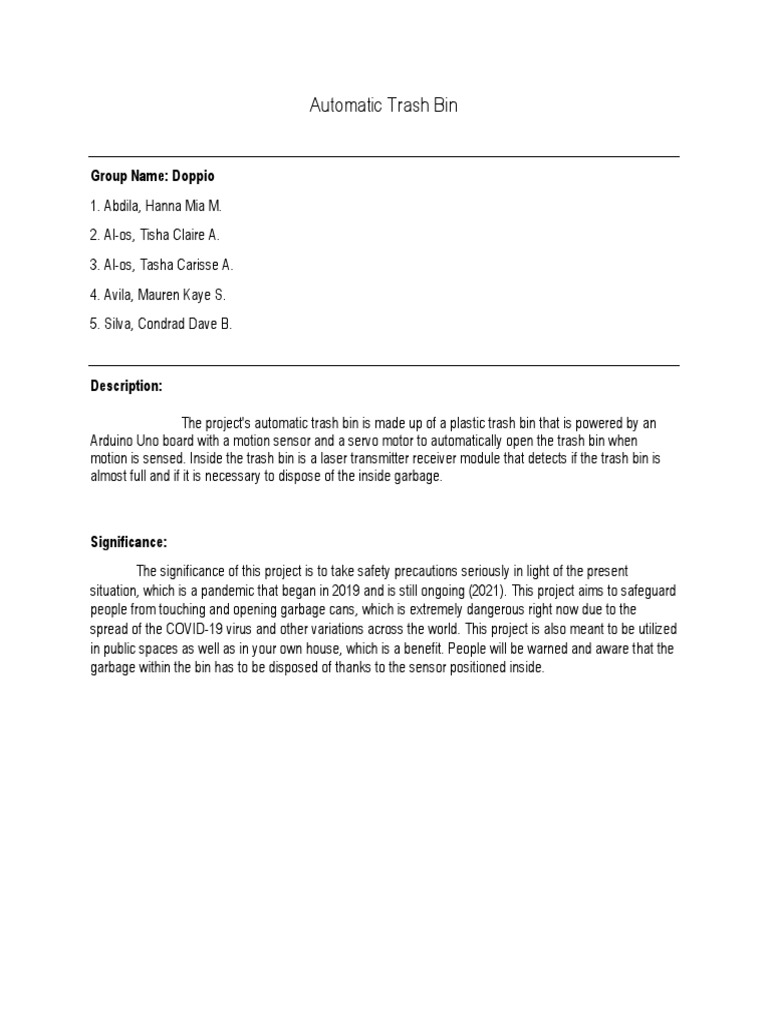 Project Proposal - Automatic Trash Bin | PDF