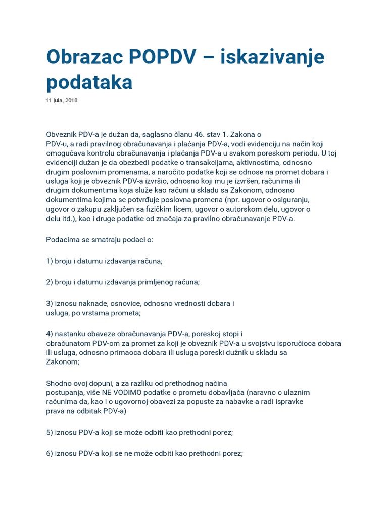 Obrazac POPDV | PDF