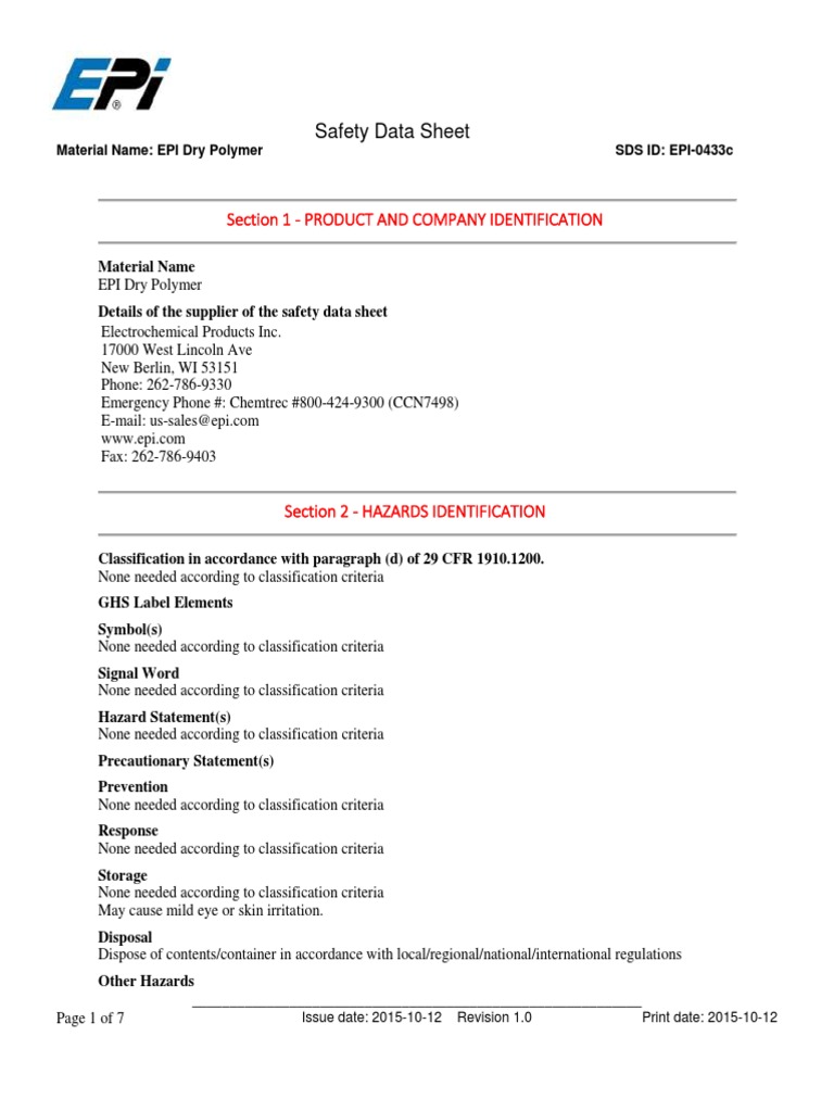 Safety Data Sheet: Section 1 - Product and Company Identification | PDF ...
