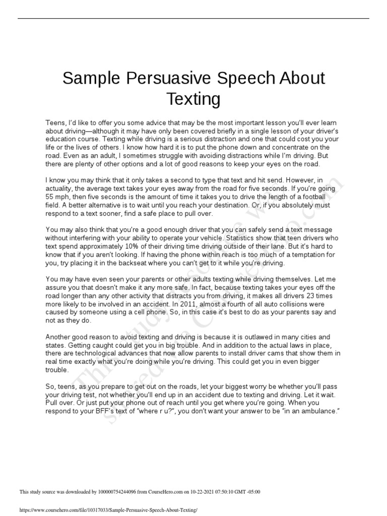 Sample Persuasive Speech About Texting | PDF | Love | Text Messaging
