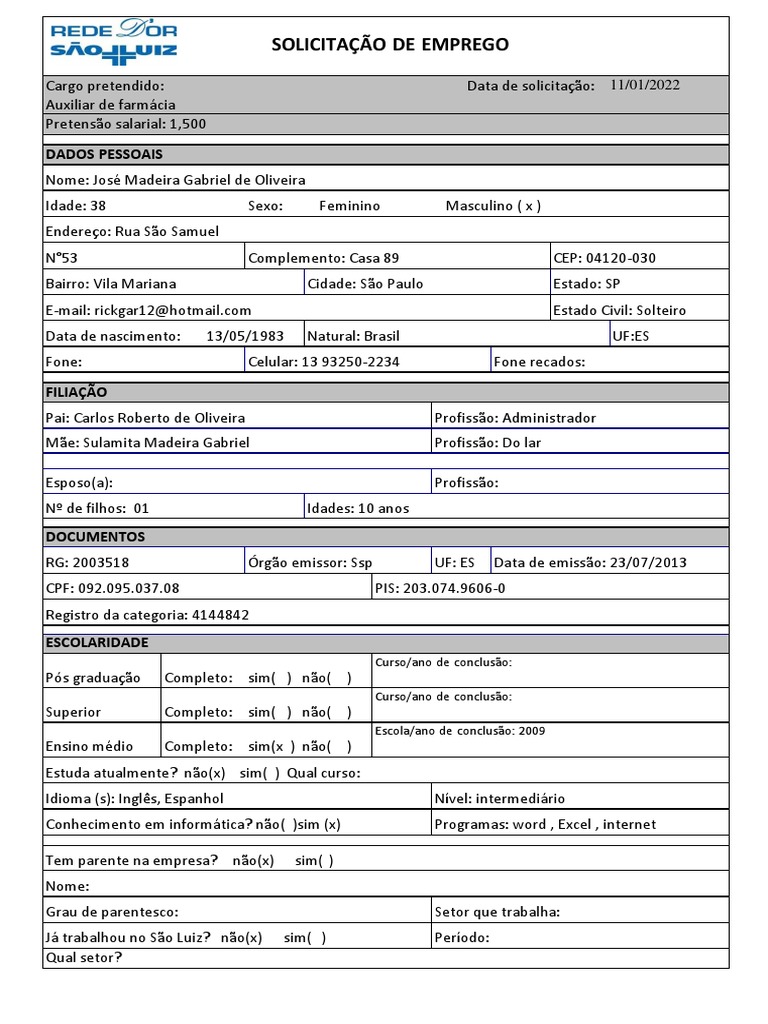 Formulário de Empregos | PDF