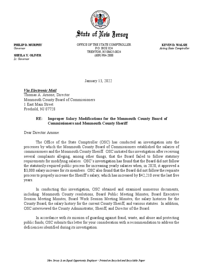 Monmouth County Letter | PDF | Salary | Voting