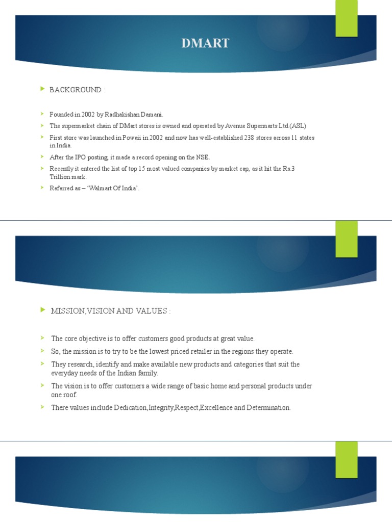 DMart: Vision, Mission, and Strategy | PDF | Retail | Marketing