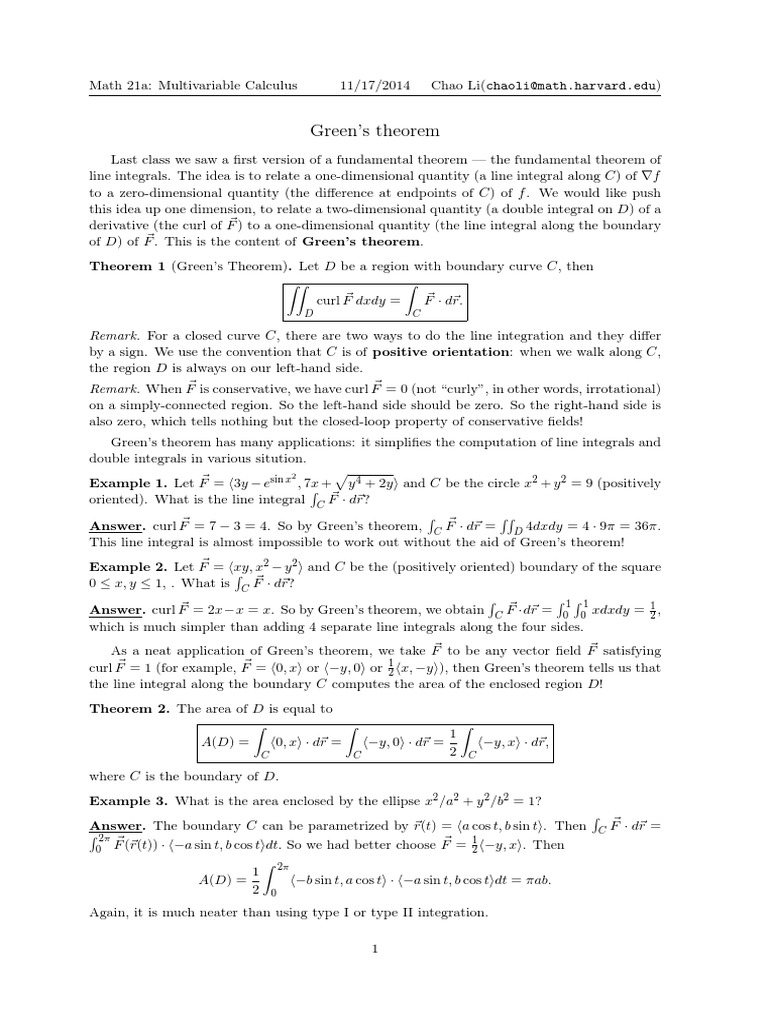 Applications of Green's Theorem: Relating Line Integrals, Double Integrals, and Computing Areas ...