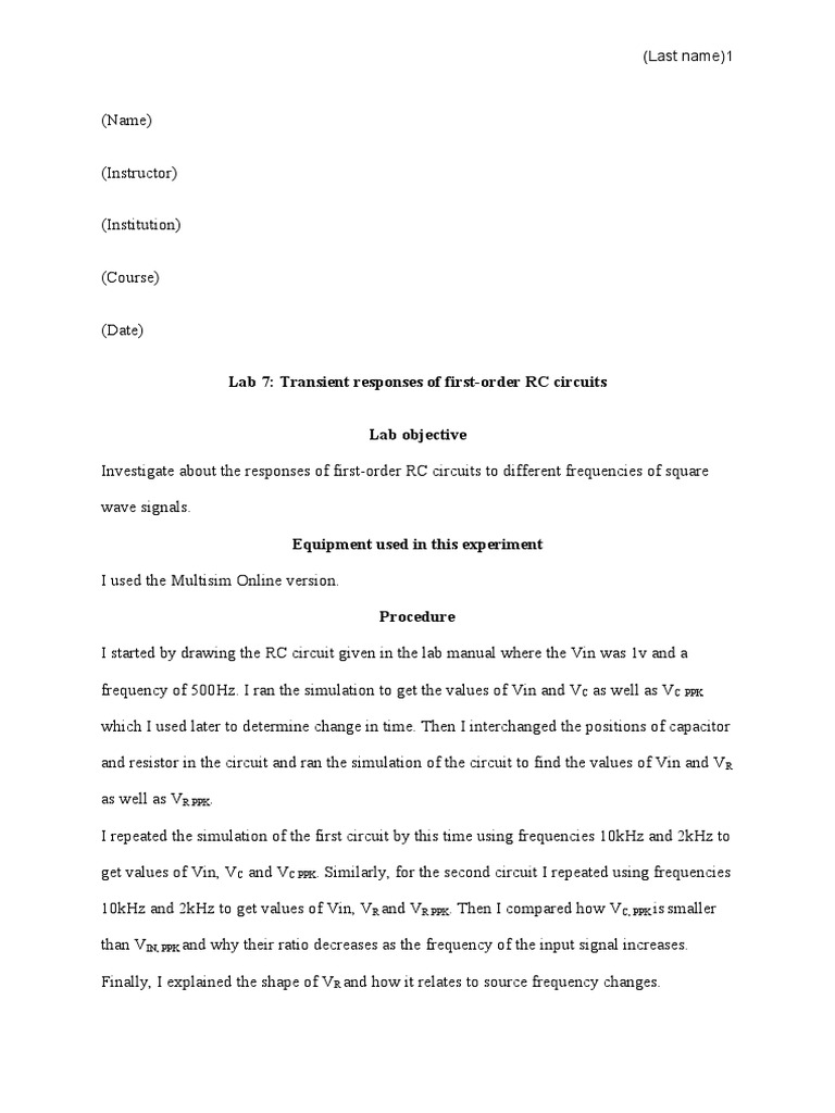 Lab 7: Transient Responses of First-Order RC Circuits Lab Objective | Download Free PDF ...