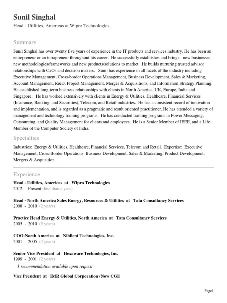 Sunil Singhal: Head - Utilities, Americas at Wipro Technologies | PDF ...