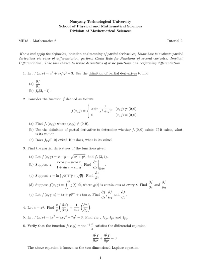 MH1811 Tutorial 2 - MC - 2020 - Partial - Diff | PDF | Derivative | Function (Mathematics)