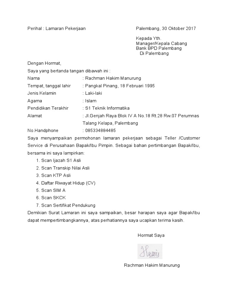 Lamaran Teller Bank BPD Palembang | PDF