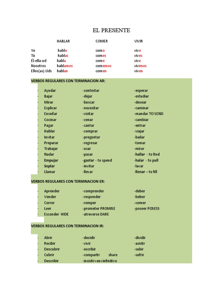 Verbos en Presente: Guía Completa | PDF | Artes del Lenguaje y Comunicación