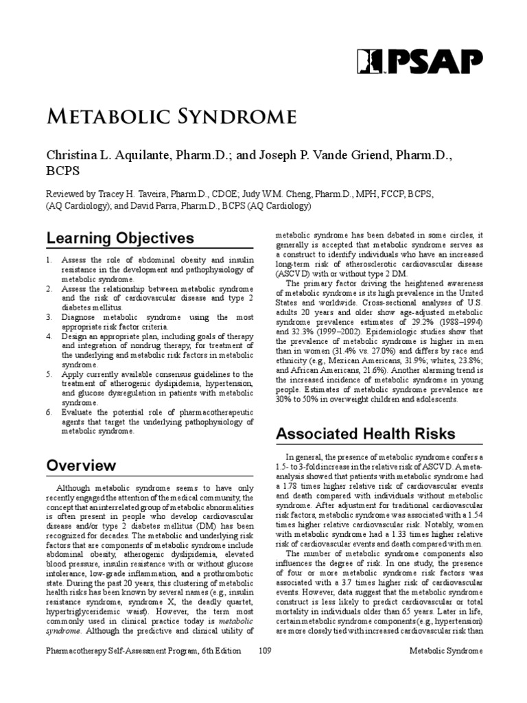 Metabolic Syndrome: Learning Objectives | PDF | Metabolic Syndrome ...