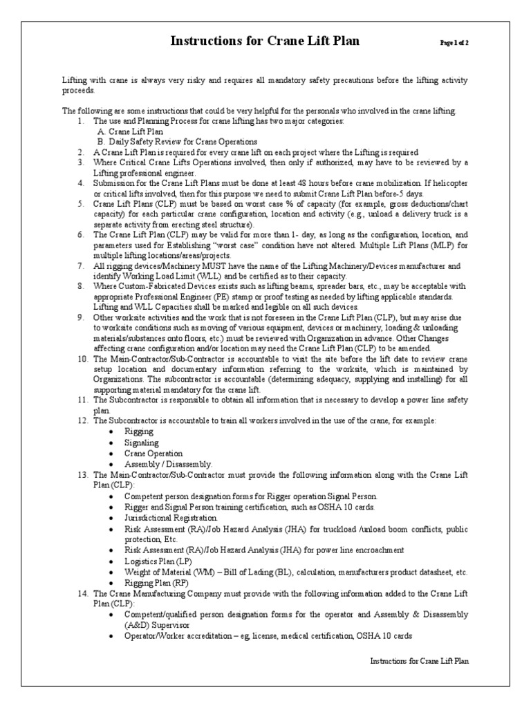 Instructions For Crane Lift Plan | Download Free PDF | Crane (Machine ...