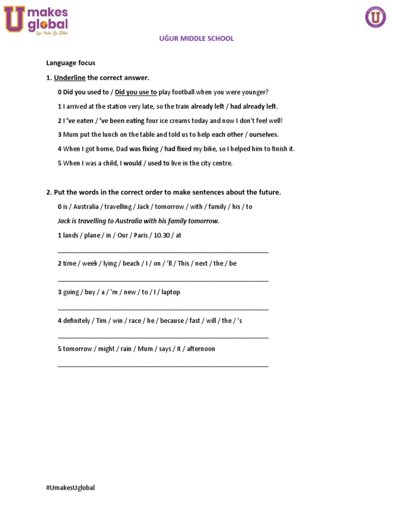 Language Focus 1. Underline The Correct Answer.: Uğur Middle School | PDF