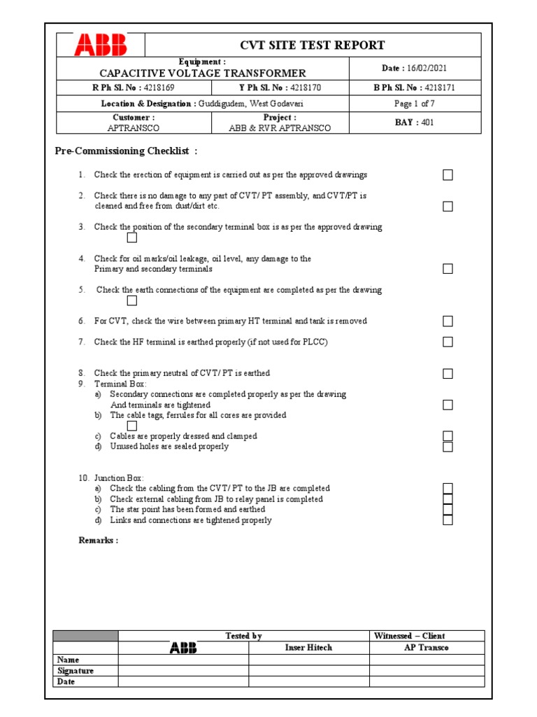 CVT Testing Report for APTRANSCO | PDF | Transformer | Physical Quantities