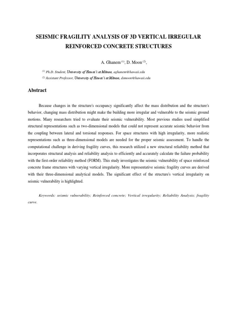 Seismic Fragility Analysis Of 3d Vertical Irregular Reinforced Concrete Structures Pdf