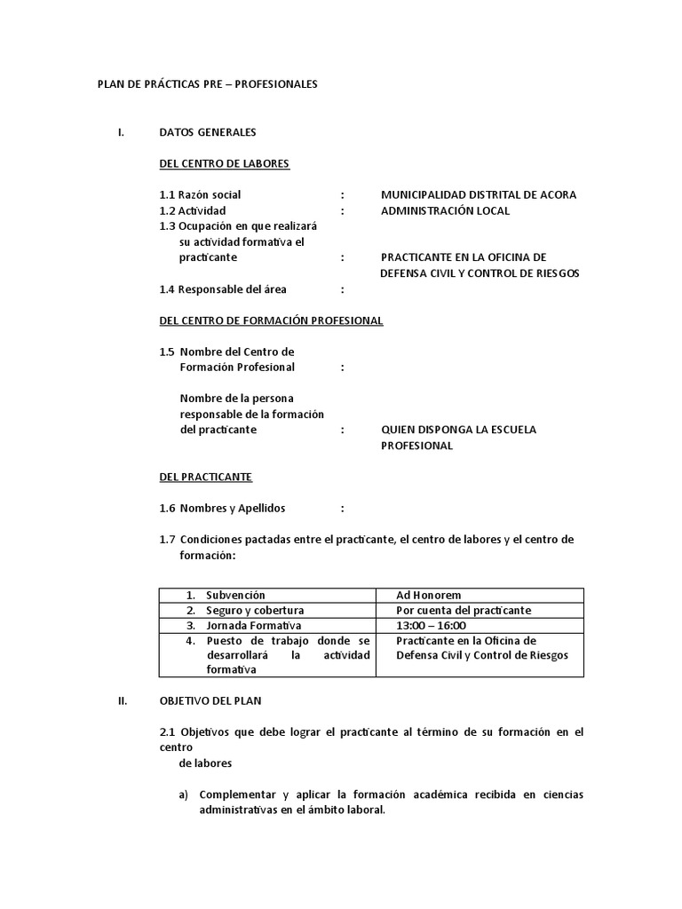 Plan de Prácticas Pre Profesionales Modelo | PDF | Defensa Civil | Evaluación