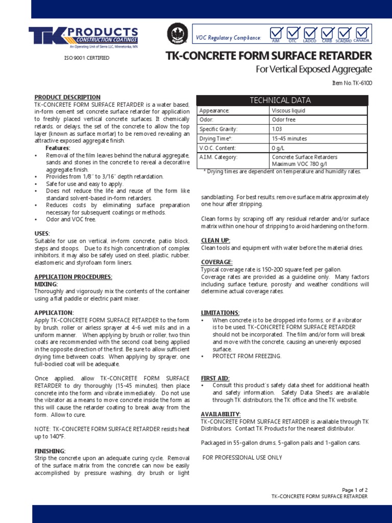 Tk-Concrete Form Surface Retarder: For Vertical Exposed Aggregate | PDF ...
