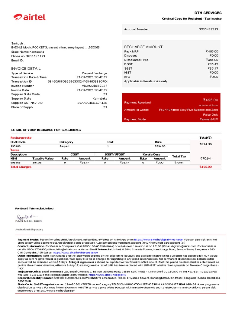 Recharge Amount: Original Copy For Recipient - Tax Invoice | PDF ...