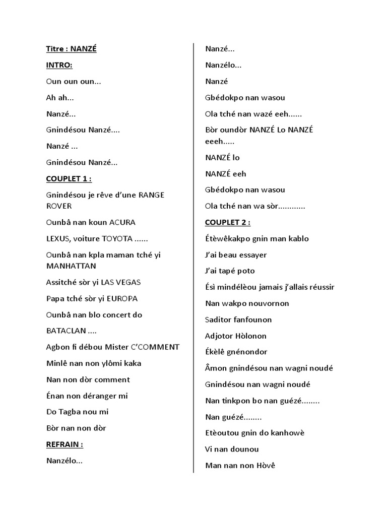 Chanson "Nanzé" : Paroles et Thèmes | PDF | Constructeurs automobiles ...
