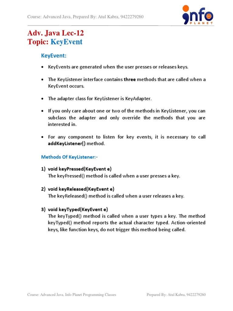 Adv Java Lec-12 KeyEvent.b3fdcf8 | PDF | Method (Computer Programming) | Class (Computer ...