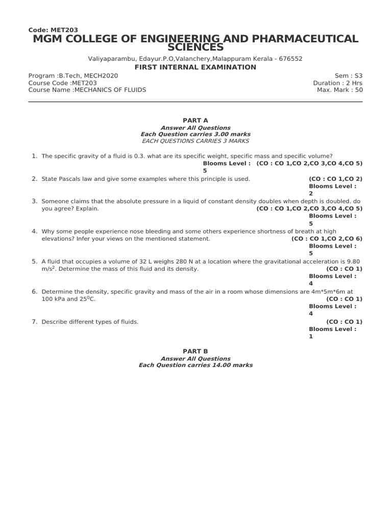 Question Paper | PDF | Pressure | Pressure Measurement