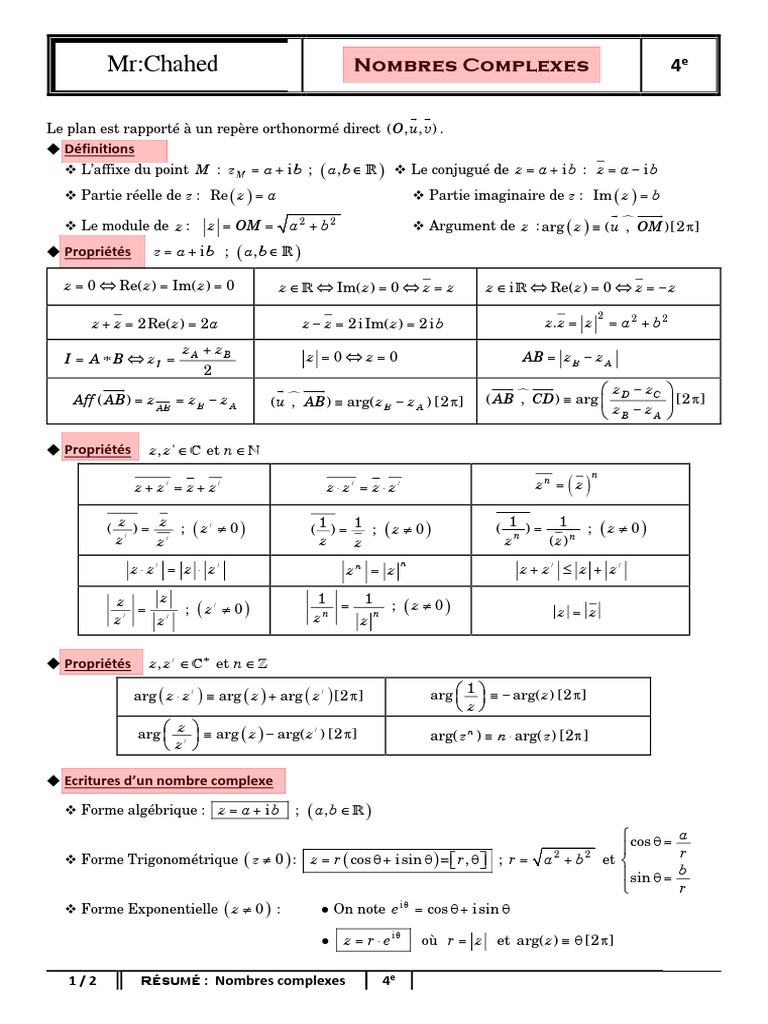 Resume Nombres Complexe | Descargar gratis PDF | Nombre complexe | Objets mathématiques